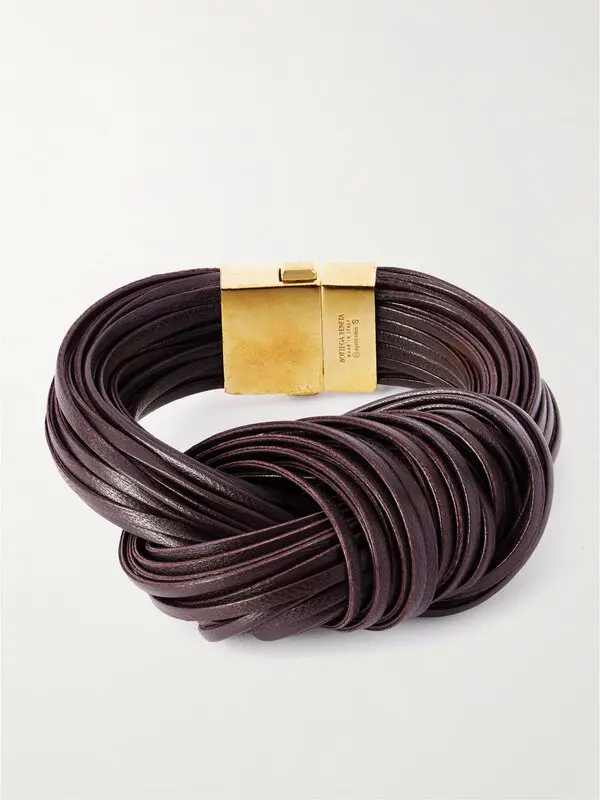 Bottega Veneta Knot Gold-plated And Leather Bracelet - Brown