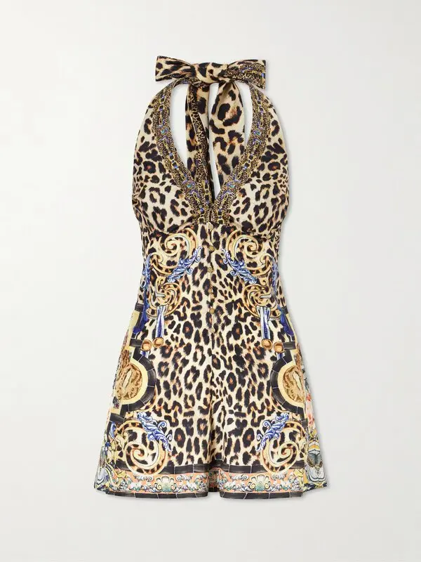 Camilla Embellished Printed Silk Halterneck Playsuit - Multi