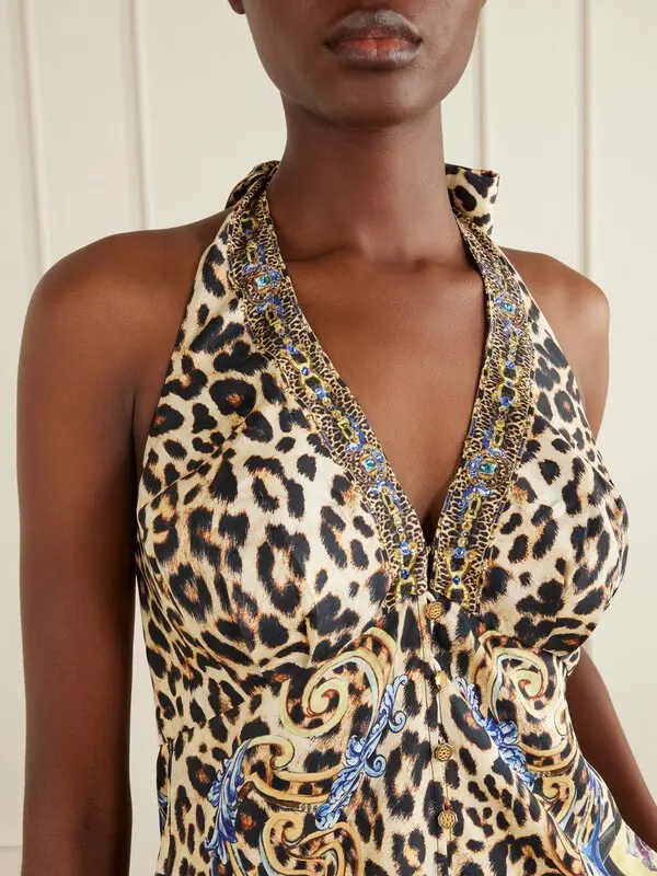 Camilla Embellished Printed Silk Halterneck Playsuit