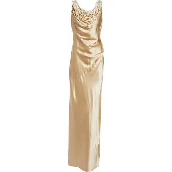 Balmain Shell Garland Draped Silk Gown - Gold/beige