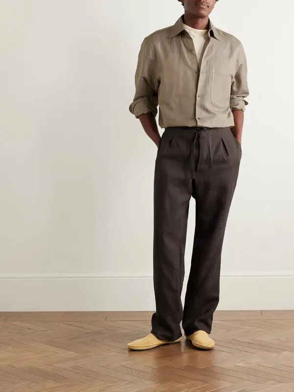 STOFFA Straight-leg Pleated Linen Drawstring Trousers