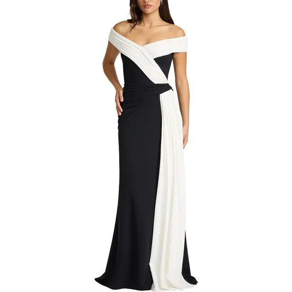 Tadashi Shoji Off-the-shoulder Draped Crepe Gown - Black/ivory