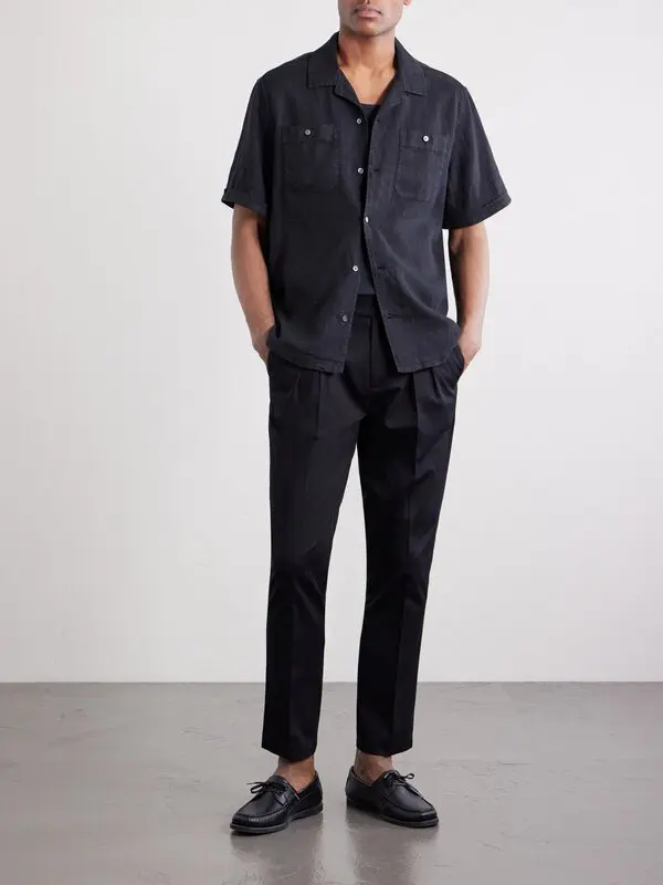 Mr P. Convertible-collar Garment-dyed Linen Shirt - Black