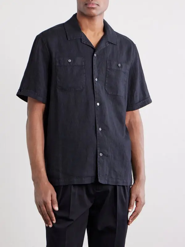 Mr P. Convertible-collar Garment-dyed Linen Shirt - Black