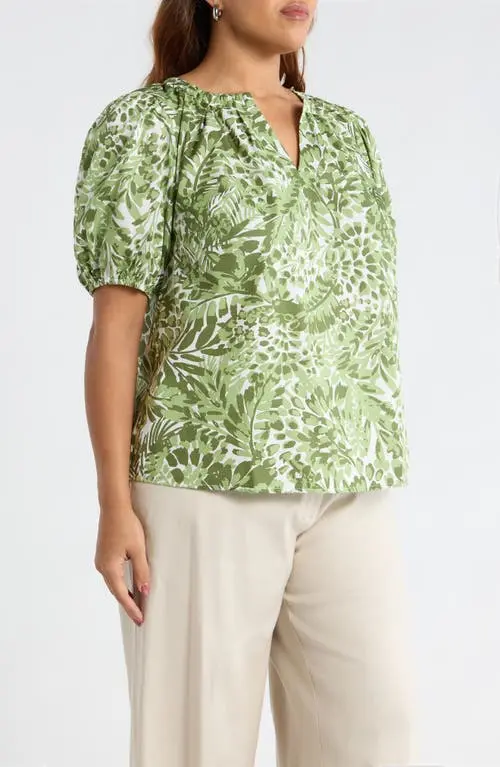 SUGARLIPS Leaf Print Cotton Puff Sleeve Top - White-olives