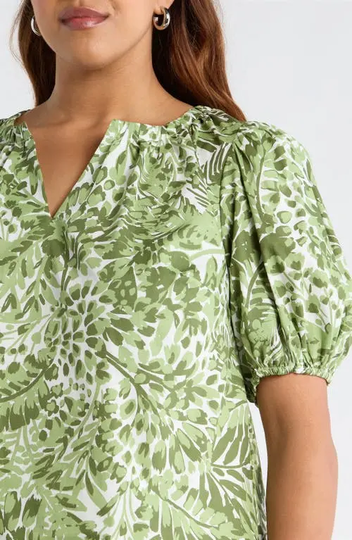 SUGARLIPS Leaf Print Cotton Puff Sleeve Top - White-olives