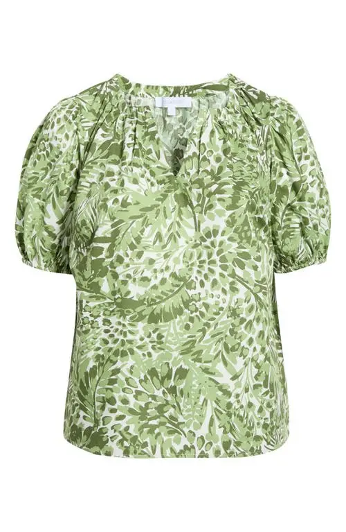 SUGARLIPS Leaf Print Cotton Puff Sleeve Top - White-olives