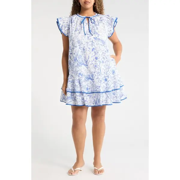 SUGARLIPS Eve Floral Taris Ruffe Cotton Minidress - White/blue