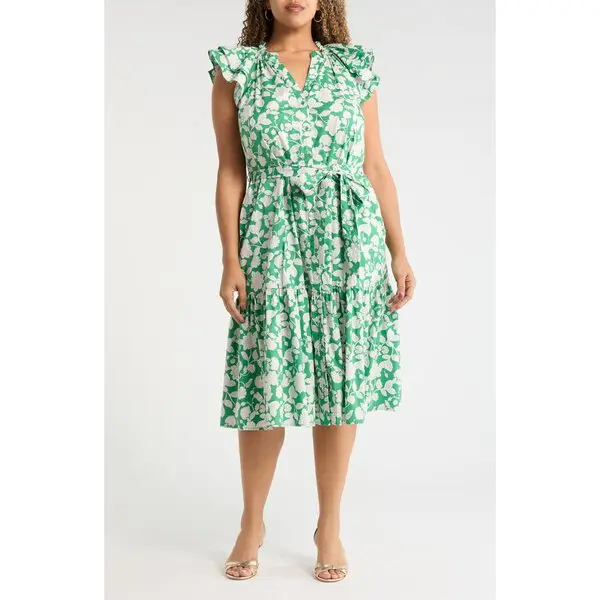 SUGARLIPS Baxley Floral Flutter Sleeve Cotton Dress - Green-grey