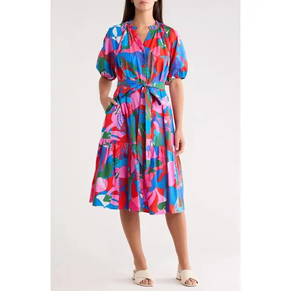 SUGARLIPS Floral Tiered Cotton Midi Dress - Pink-blue-green
