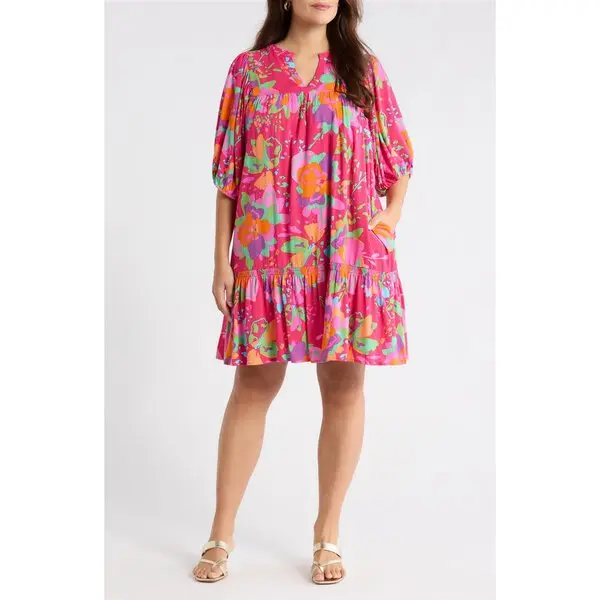 SUGARLIPS Himera Floral Maribor Puff Sleeve Mini Dress - Fuchsia Multi