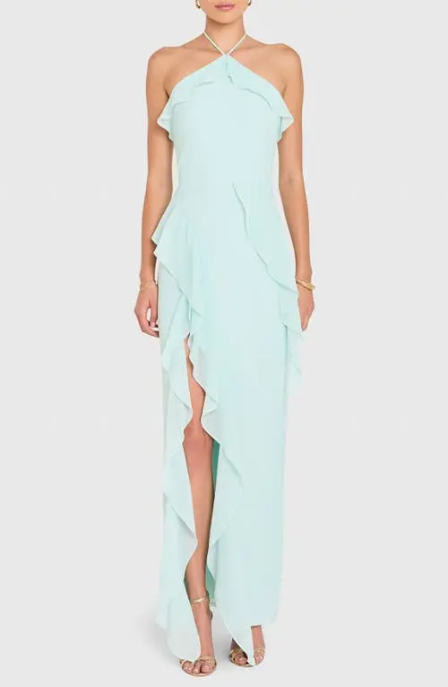 Amanda Uprichard Alessandra Halter Neck Ruffle Trim Gown - Cloud