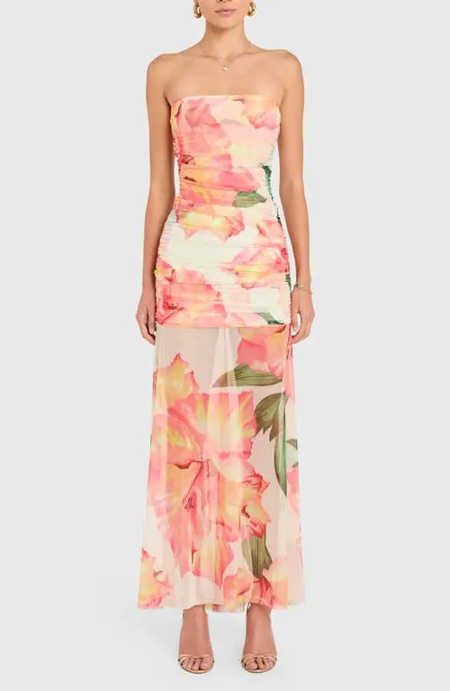 Amanda Uprichard Floral Ruched Strapless Maxi Dress - Pink Hibiscus