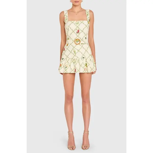Amanda Uprichard Floral Print Belted Linen Blend Romper - Almond Multi