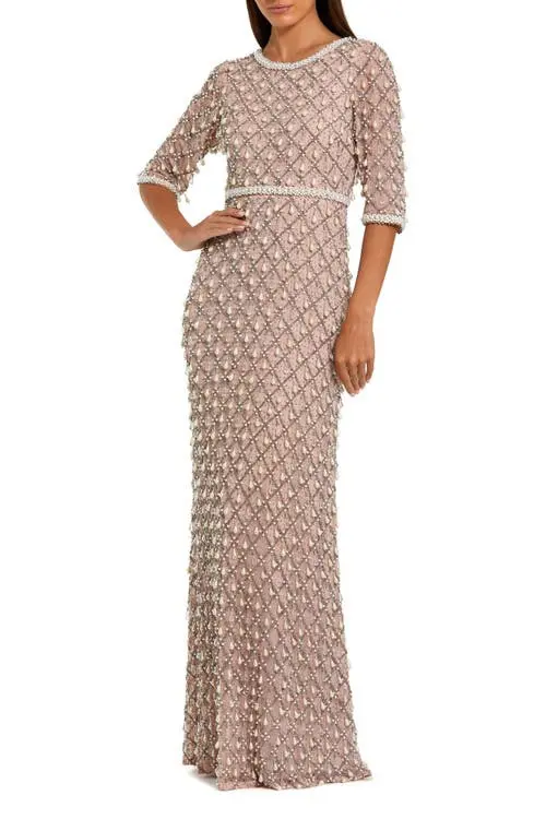 Mac Duggal Pearl & Crystal Embellished Evening Gown - Light Rose