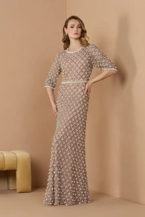 Mac Duggal Pearl & Crystal Embellished Evening Gown - Light Rose