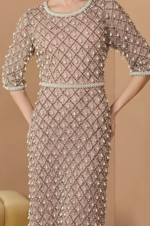 Mac Duggal Pearl & Crystal Embellished Evening Gown