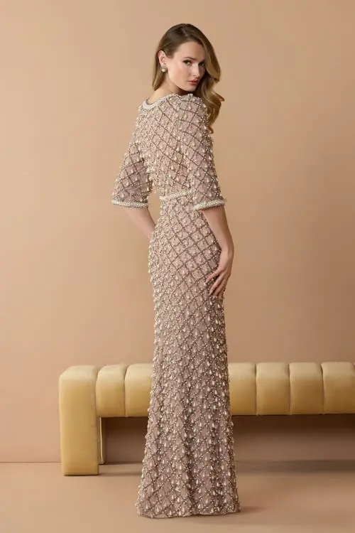 Mac Duggal Pearl & Crystal Embellished Evening Gown