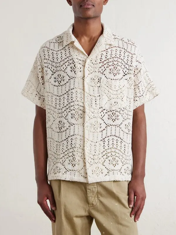 Portuguese Flannel Camp-collar Crocheted Cotton-blend Shirt