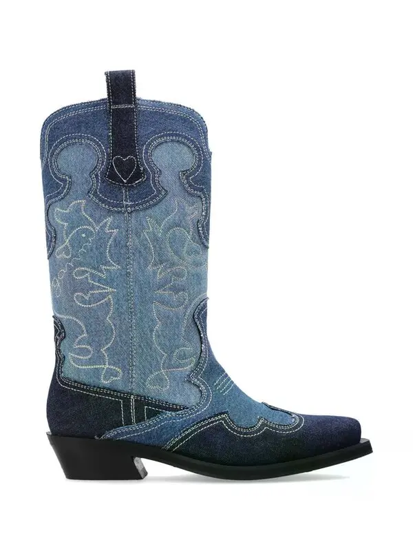 GANNI Embroidered Denim Boots - Blue