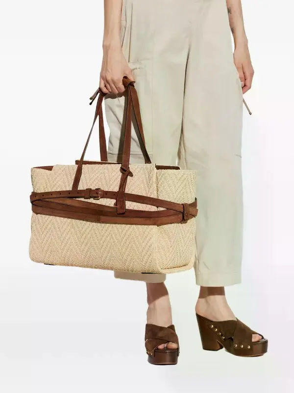 Moschino Woven Tote Bag With Belted Detail - Neutrals