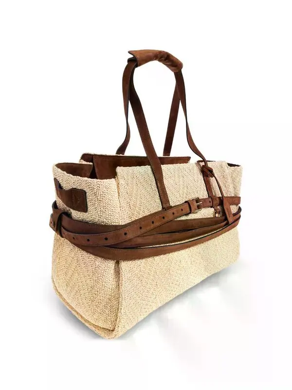 Moschino Woven Tote Bag With Belted Detail - Neutrals