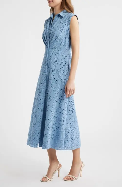 Anne Klein Eyelet Embroidery Sleeveless Shirtdress - Lagoon