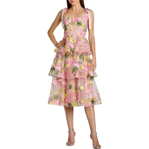 Mac Duggal Bow Strap Floral Embroidered Ruffle Midi Dress - Blush Multi