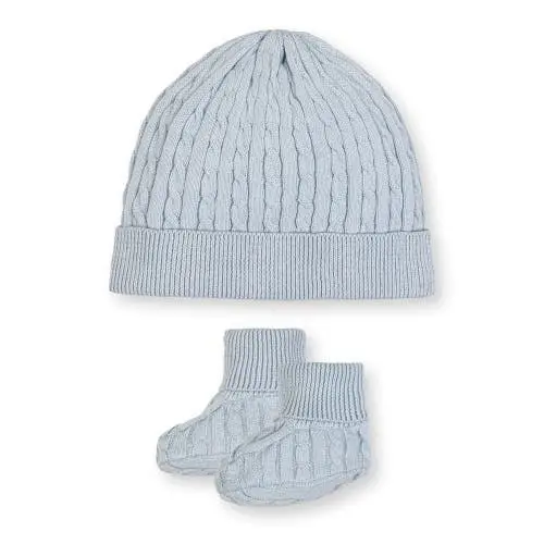 HOPE & HENRY Organic Sweater Beanie And Bootie 2-piece Set - Pale Blue Cable