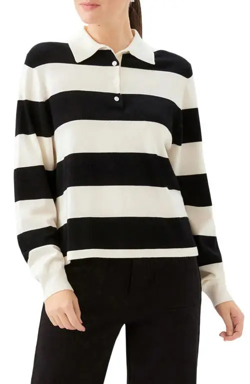 Karen Kane Striped Collared Henley Sweater - Off White W/black