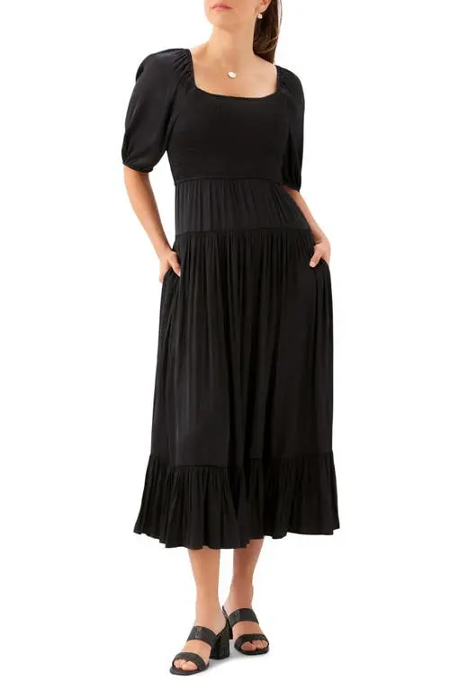 Karen Kane Smocked Puff Sleeve Midi Dress - Black