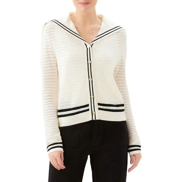 Karen Kane Stripe Sailor Collar Cardigan - Off White W/black