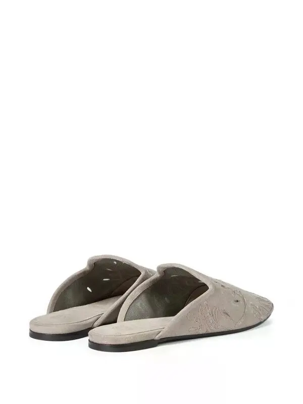 Brunello Cucinelli Suede Mules With Broderie Anglaise And Sequins - Grey