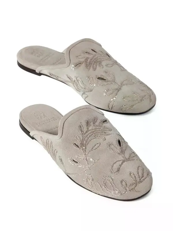 Brunello Cucinelli Suede Mules With Broderie Anglaise And Sequins - Grey