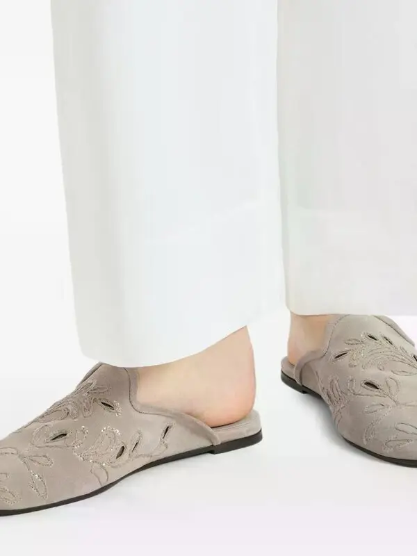 Brunello Cucinelli Suede Mules With Broderie Anglaise And Sequins - Grey