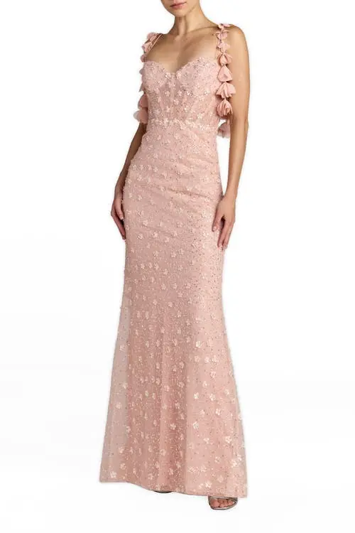 Mac Duggal Sleeveless Sequin Column Gown With Floral Detail - Rose Gold