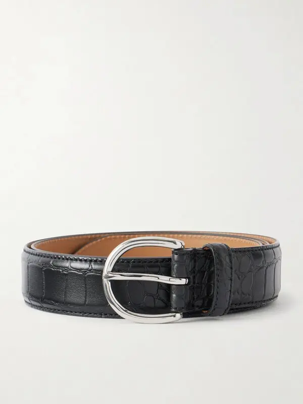 MORJAS 3cm Croc-embossed Leather Belt - Black