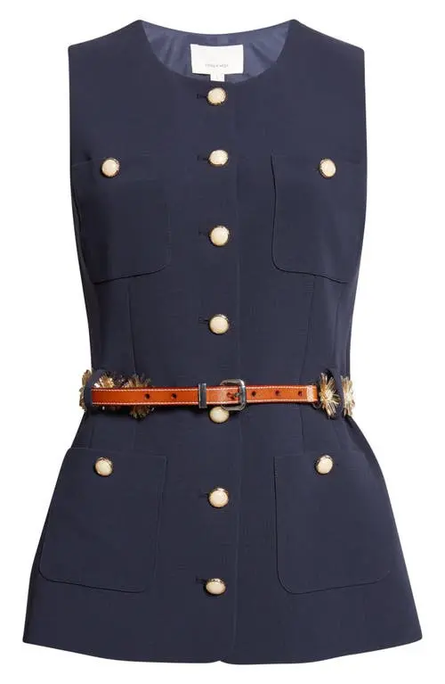 Cinq À Sept Sunflare Belted Kole Vest - Navy/champagne