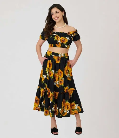 Unique Vintage 1950s Tiered Midi Skirt - Black Sunflower Print