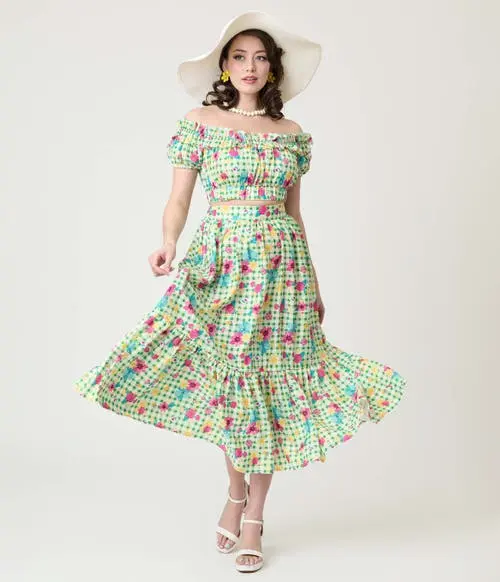 Unique Vintage 1950s Tiered Midi Skirt - Green Gingham Print