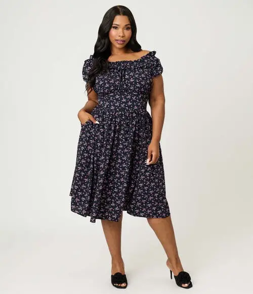 Unique Vintage 1950s Off The Shoulder Ruffle Swing Dress - Black W/purple Floral Print