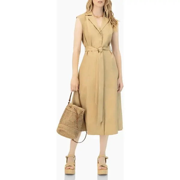 IVONNE Long Linen Dress With Waist Tie - Beige
