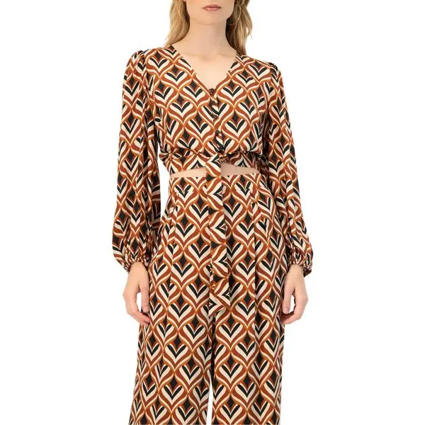 IVONNE V-neck Geometric Print Blouse With Bottom Tie - Multi-brown