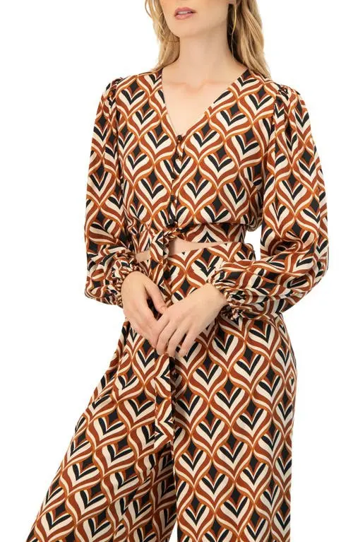 IVONNE V-neck Geometric Print Blouse With Tie