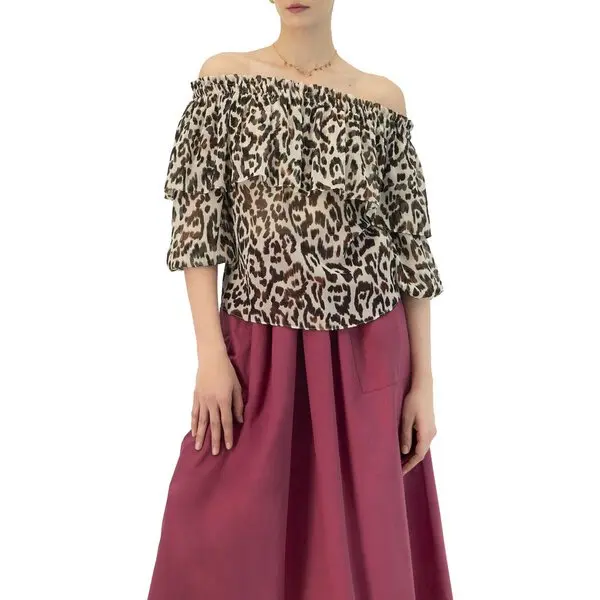 IVONNE Bardot Animal Print Blouse - Brown