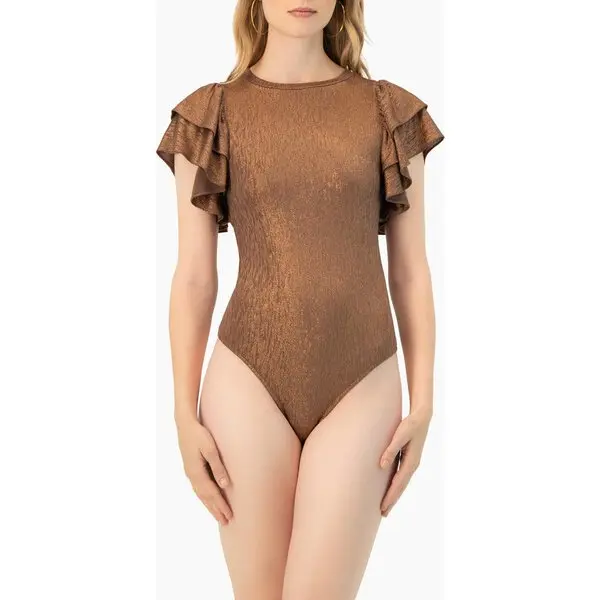 IVONNE Ruffled Sleeve Round Neck Bodysuit - Copper