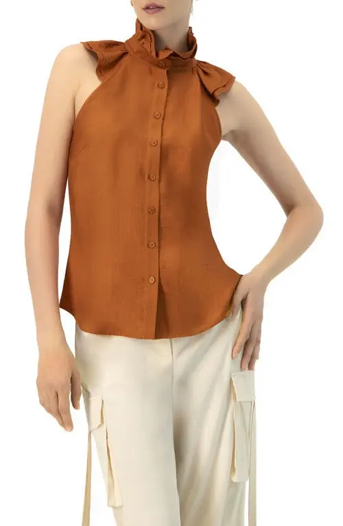 IVONNE Sleeveless High Neck Blouse With Front Buttons - Brown