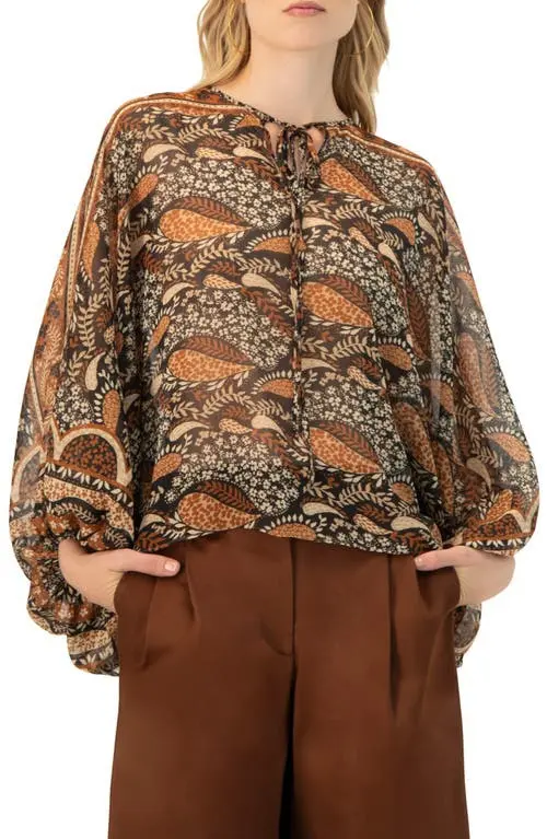 IVONNE Dolman Paisley Blouse With Neck Ties - Brown