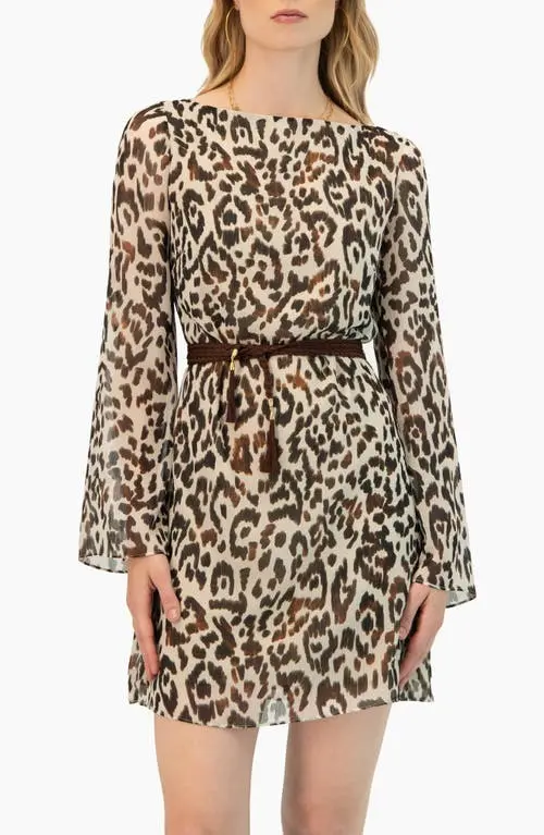IVONNE Animal Print Mini Dress With Bell Sleeves - Brown