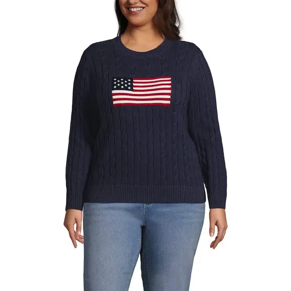 LANDS' END American Flag Drifter Cable Sweater - Flag/faded Navy